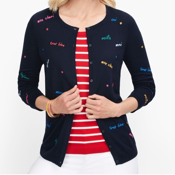 Talbots | Sweaters | Nwt Talbots Navy Charming French Words Embroidered ...